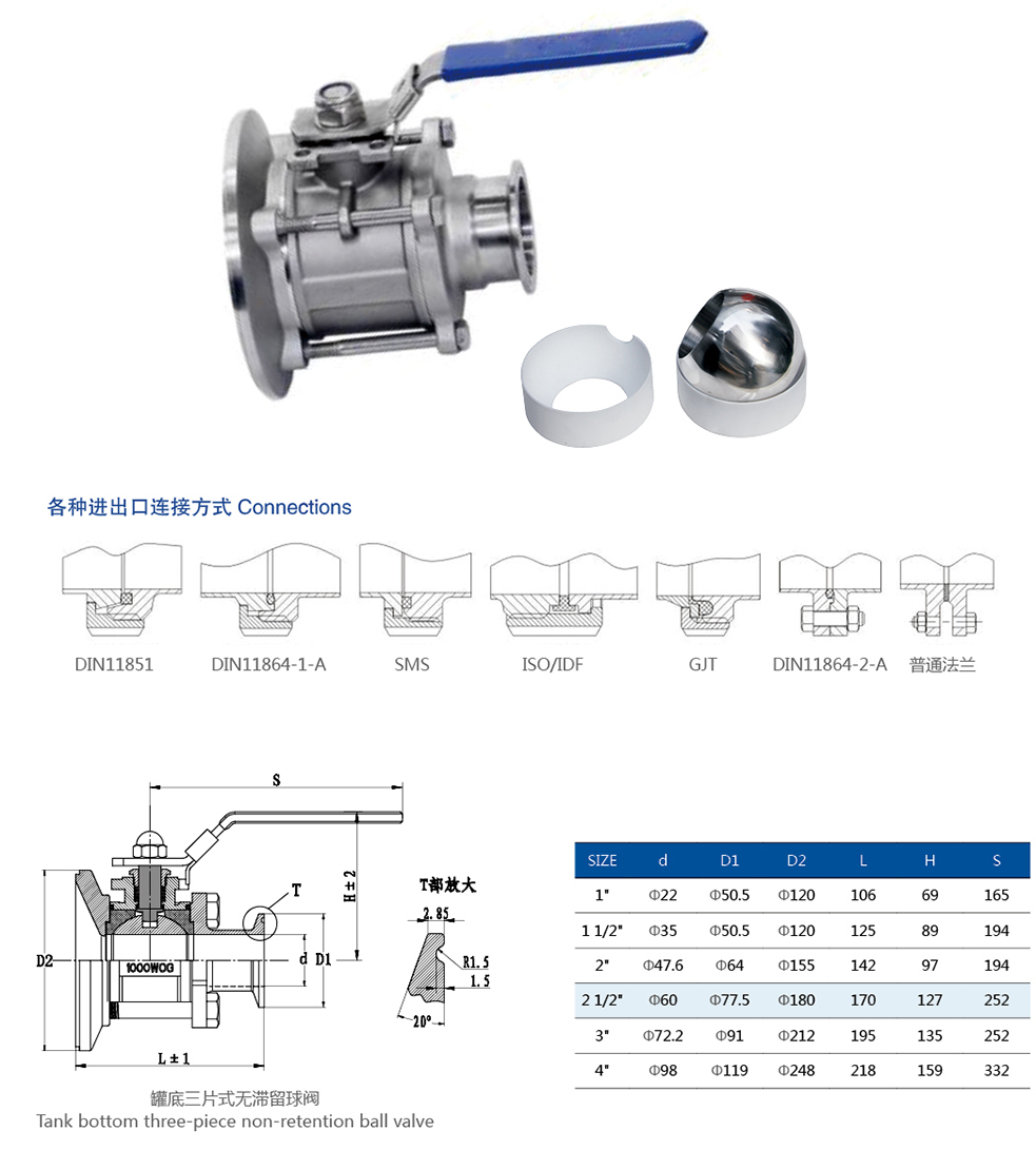 Sanitary Manual Tank Bottom Three-piece Non-retention Ball Valves - Buy ...